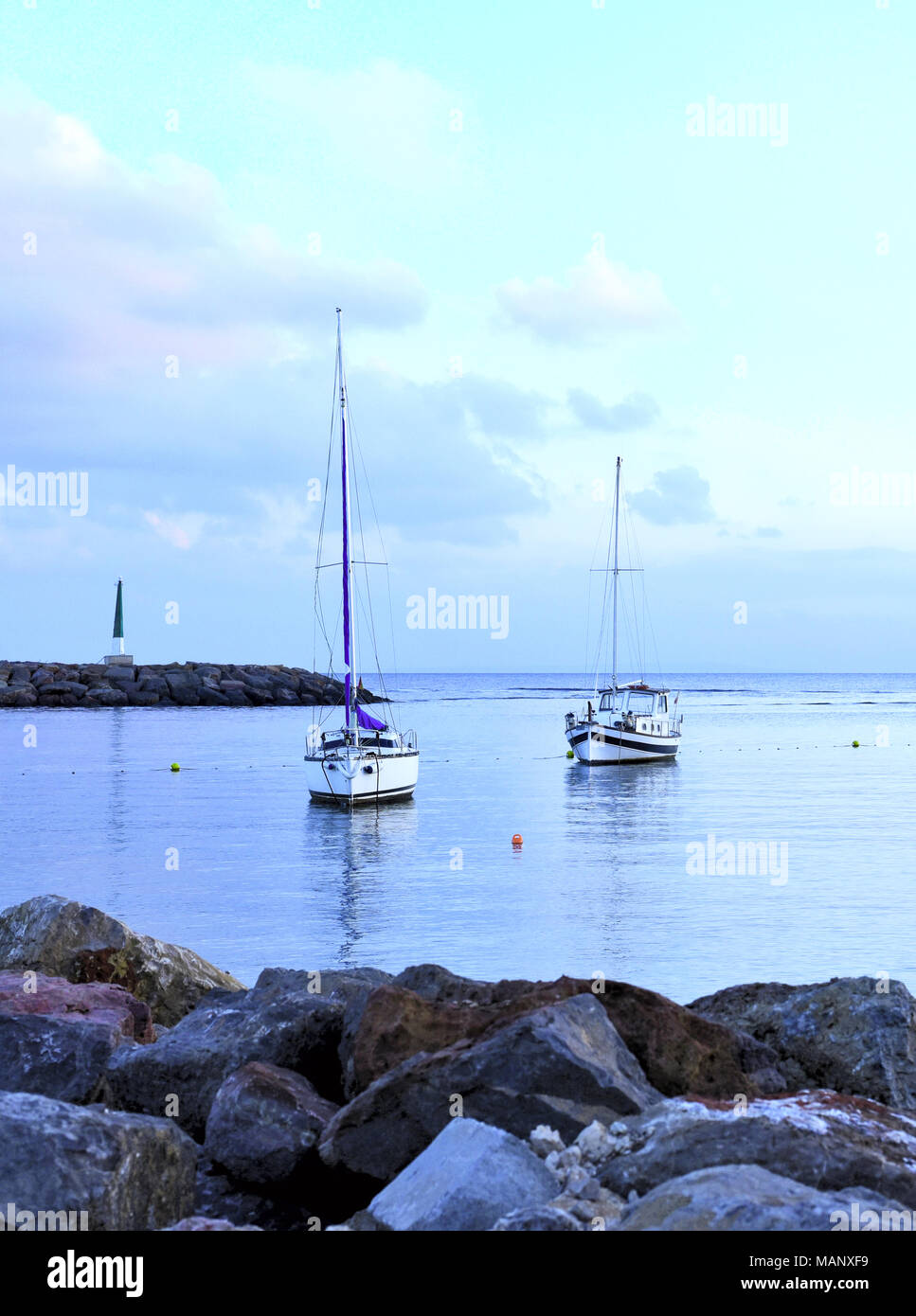 Yacht harbor in the evening, with luxury sailboats and motor yachts ...