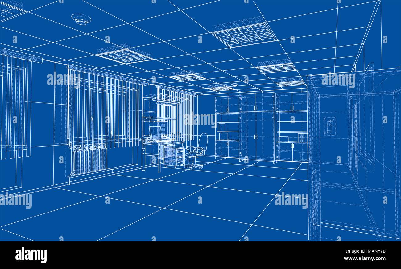 Interior sketch or blueprint. 3d illustration. Wire-frame style Stock ...
