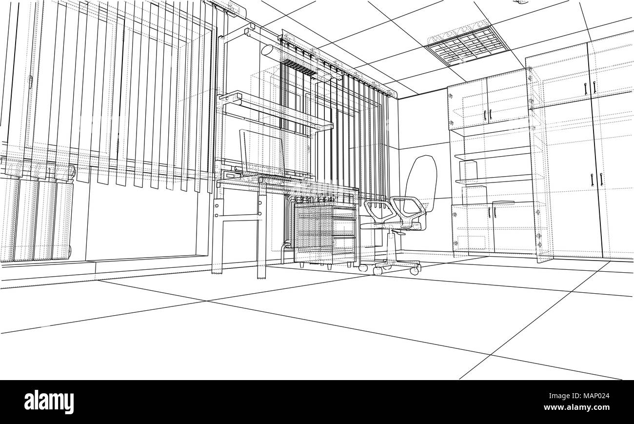 Interior sketch or blueprint. 3d illustration. Wire-frame style Stock ...