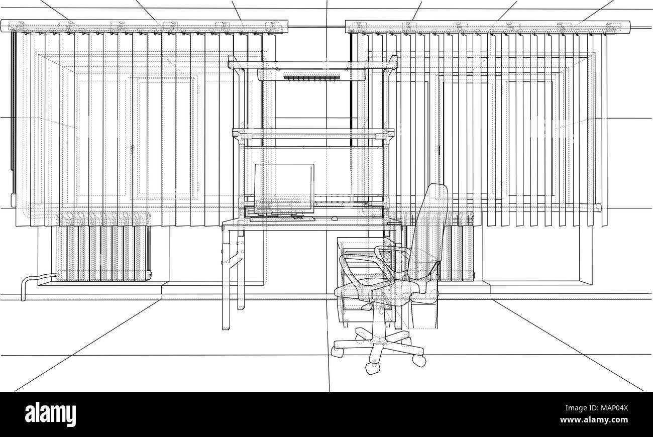 Interior sketch or blueprint. 3d illustration. Wire-frame style Stock ...