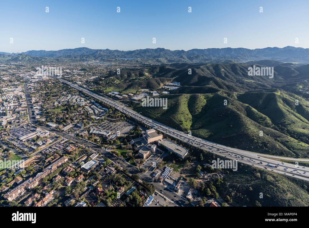 Aerial view of 101 freeway in suburban Thousand Oaks near Los Angeles ...