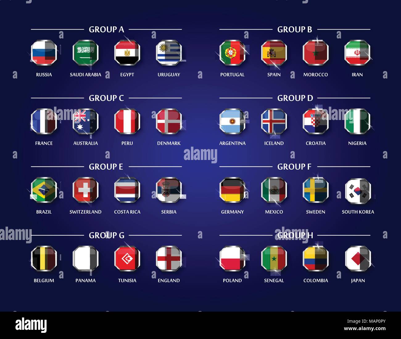 Football or Soccer cup 2018 team group set . Square glass covered ... Football or Soccer cup 2018 team group set . Square glass covered ...