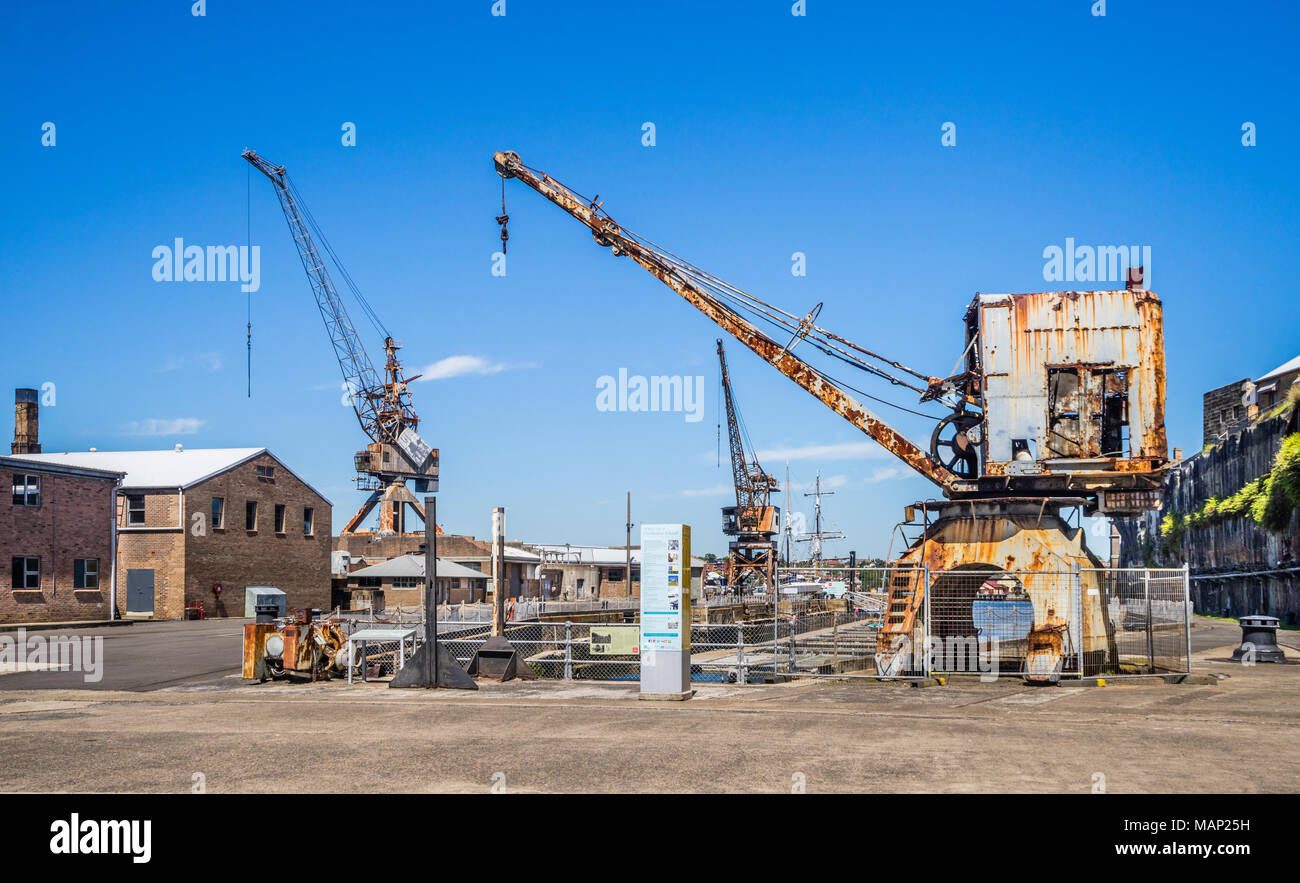 historic wharfside cranes at Sutherland Dock, Cockatoo Island shipyard ...