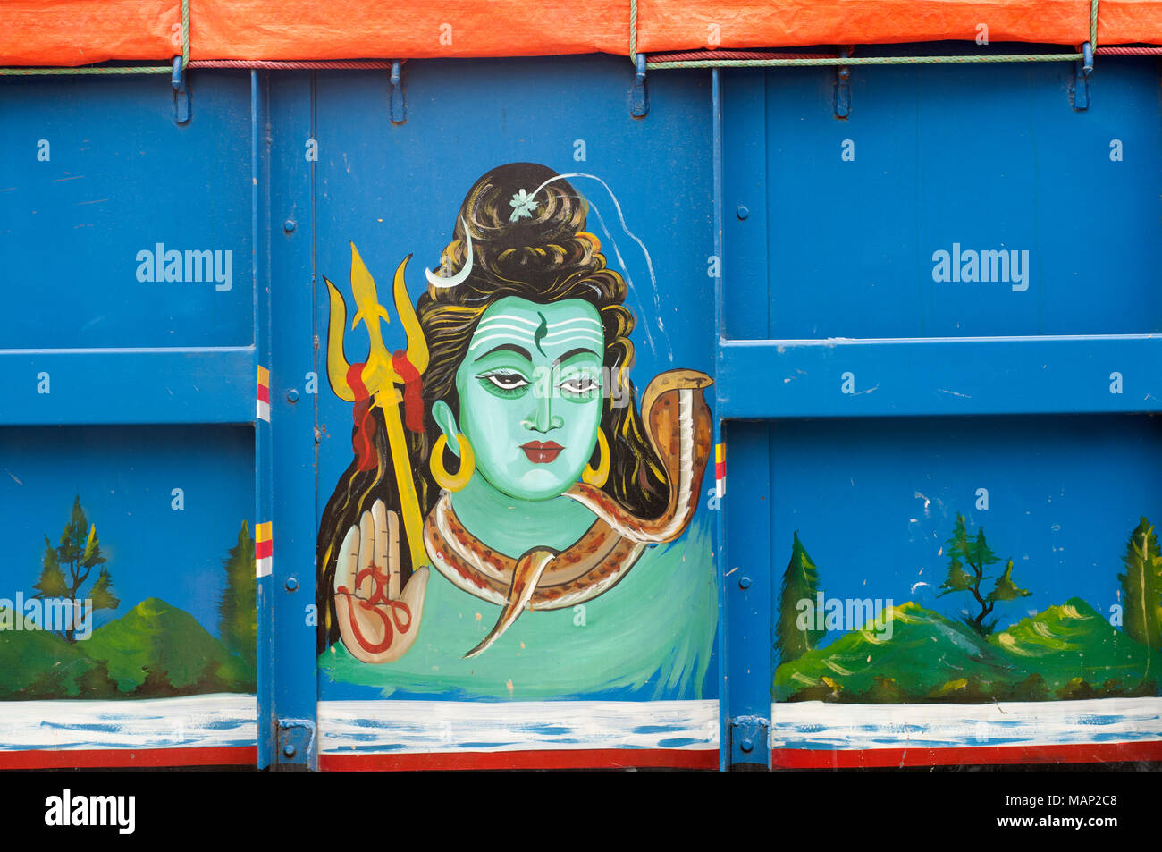 Nepal 2014. Khandbari. Decorated truck with Hindu deity Krishna Stock ...