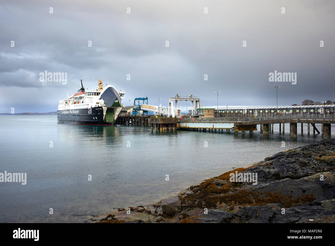 On a grey and overcast evening the Caledonian MacBrayne ferry, "Isle of ...