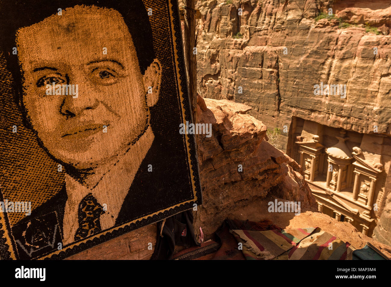 Portrait of the king of Jordan at Al-Khazneh, one of the most elaborate ...