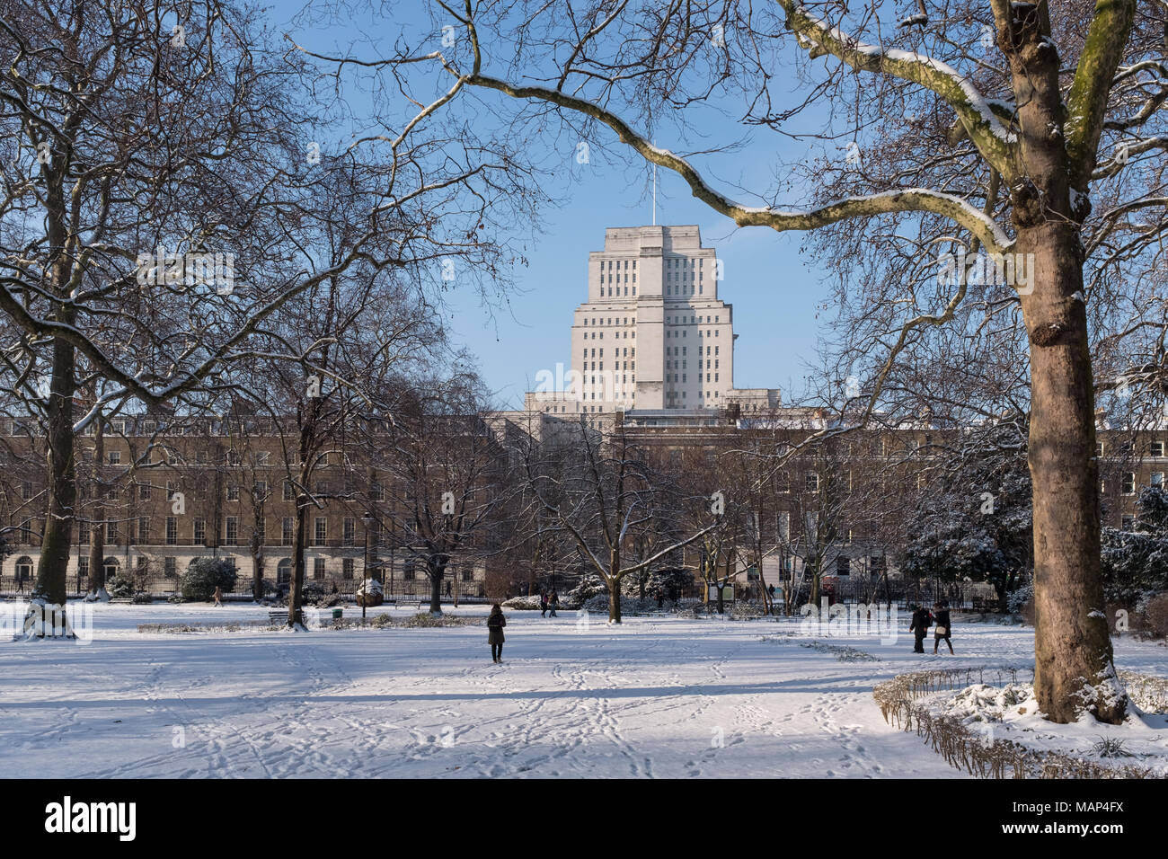Russell Square and Senate House in the snow, Bloomsbury, London, UK ...