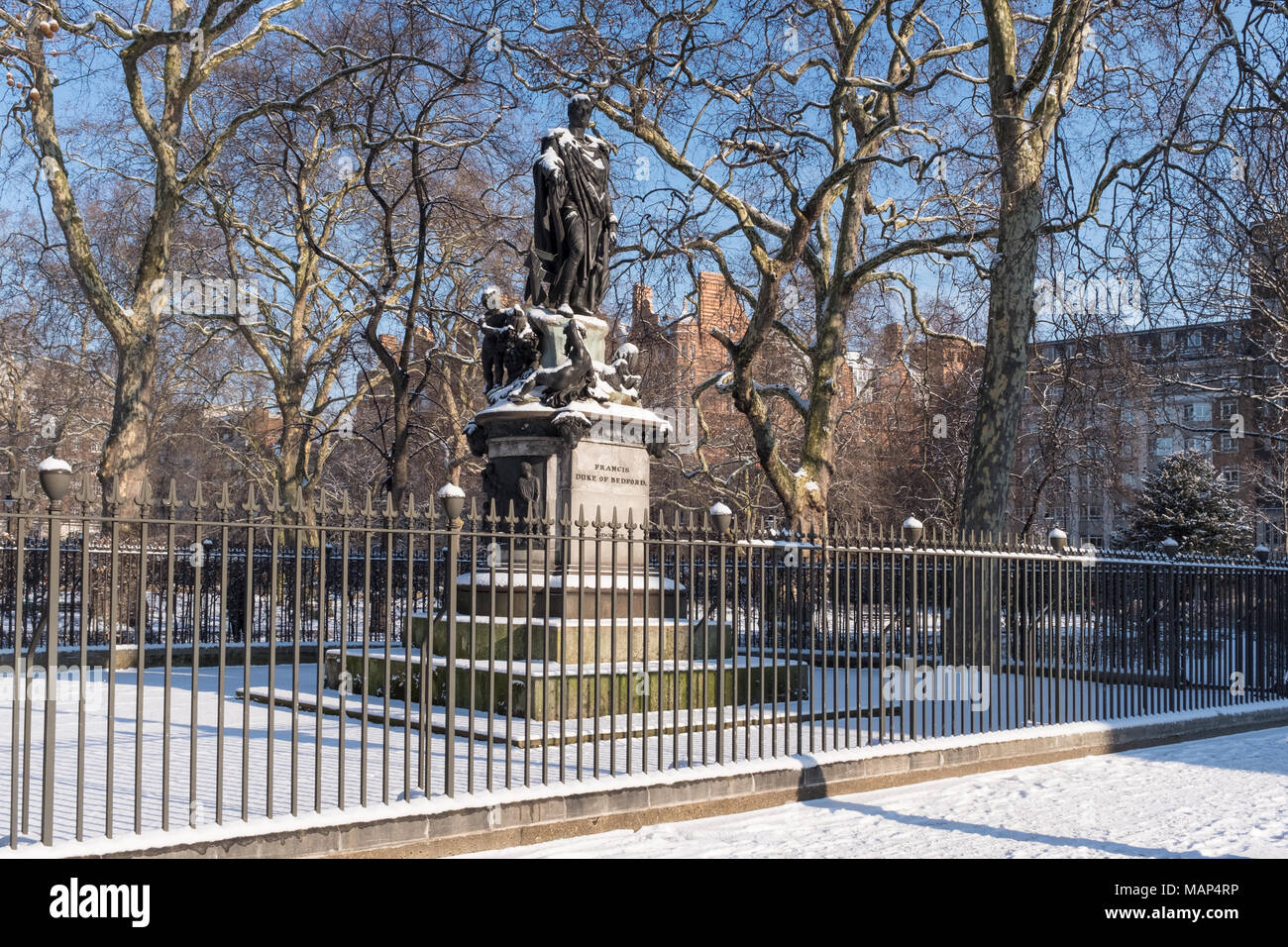 Duke of Bedford statue, Russell Square, in the snow, Bloomsbury, London ...