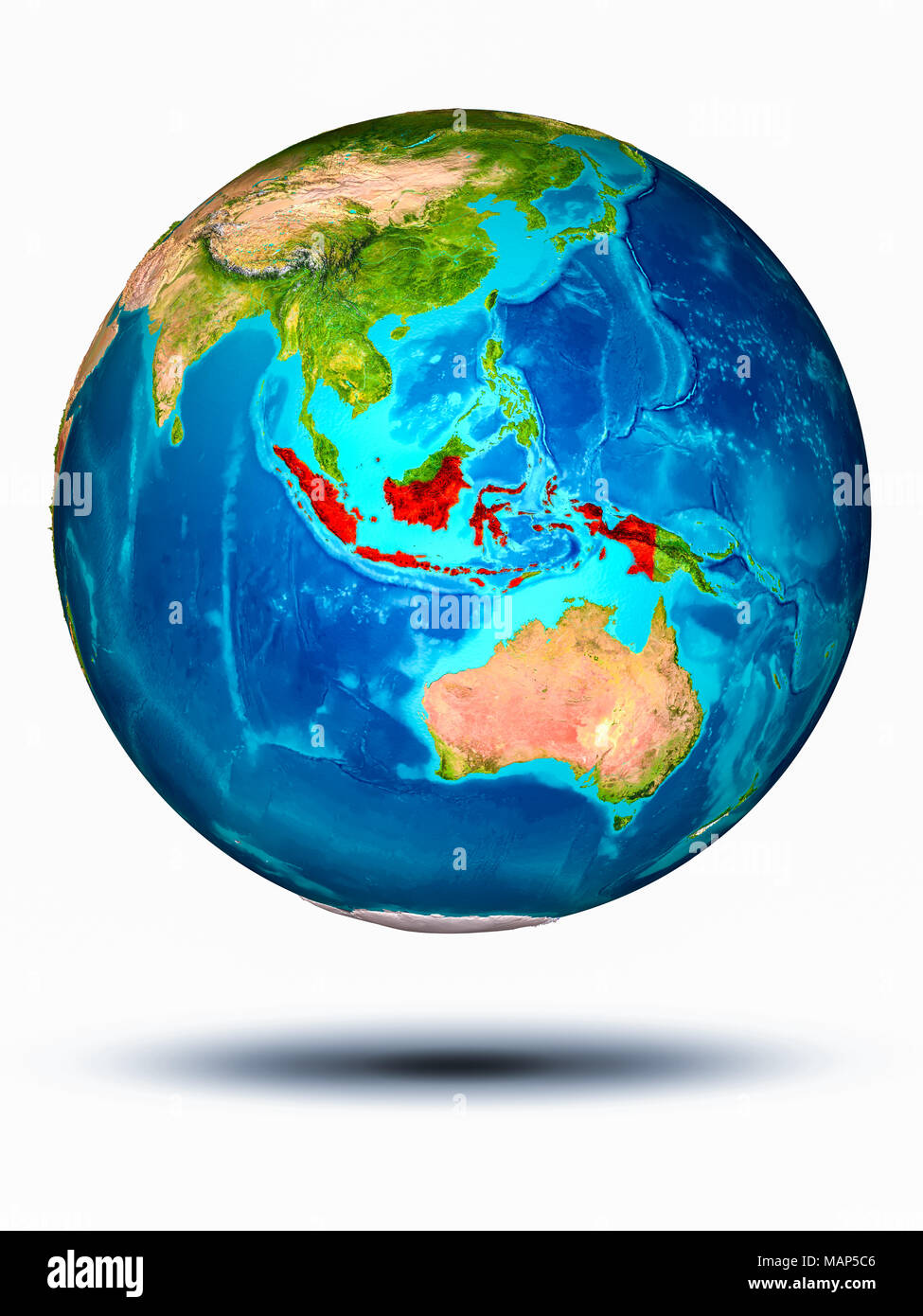 Indonesia in red on model of planet Earth hovering in space. 3D ...