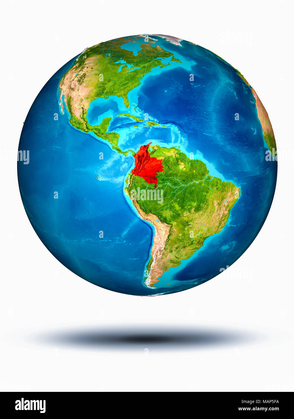 Colombia in red on model of planet Earth hovering in space. 3D ...