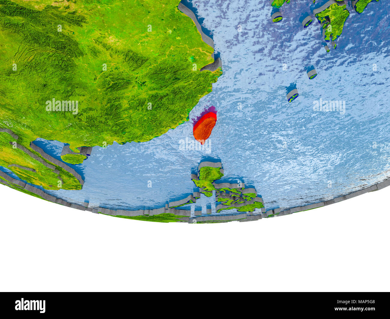 Taiwan on 3D model of globe with real land surface, visible country ...