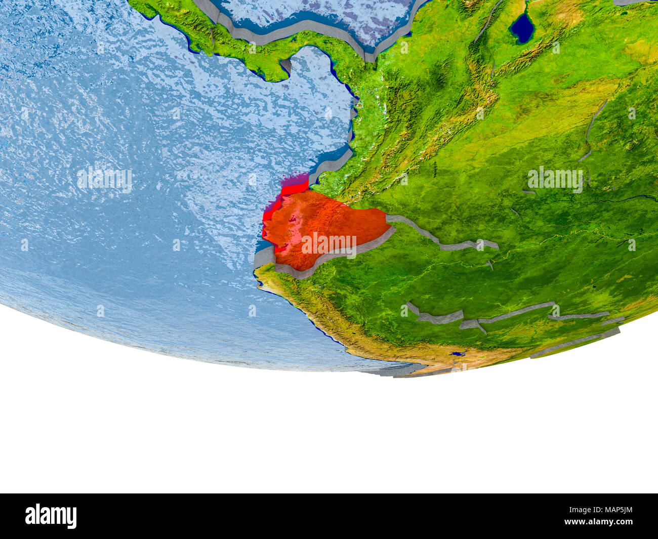 Ecuador on 3D model of globe with real land surface, visible country ...