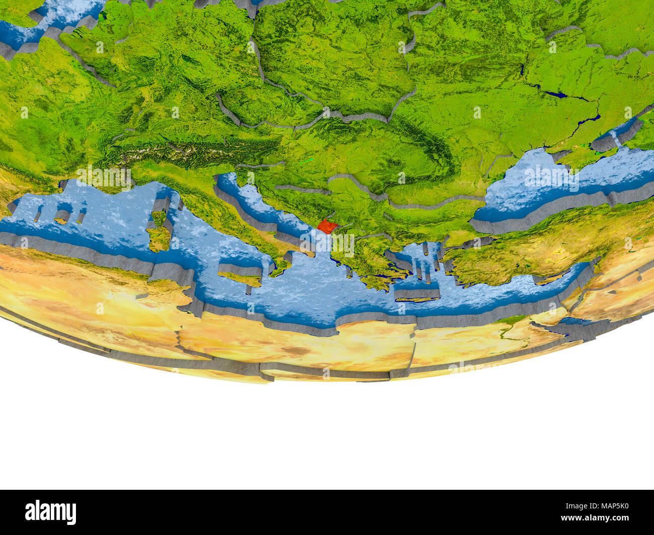 Montenegro on 3D model of globe with real land surface, visible country ...