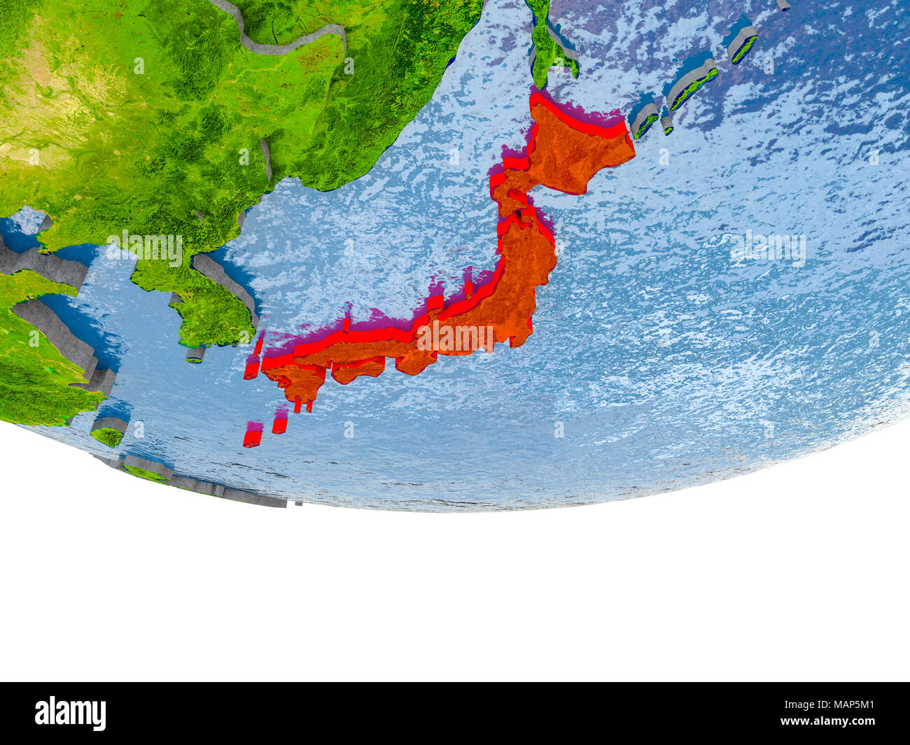 Japan on 3D model of globe with real land surface, visible country ...