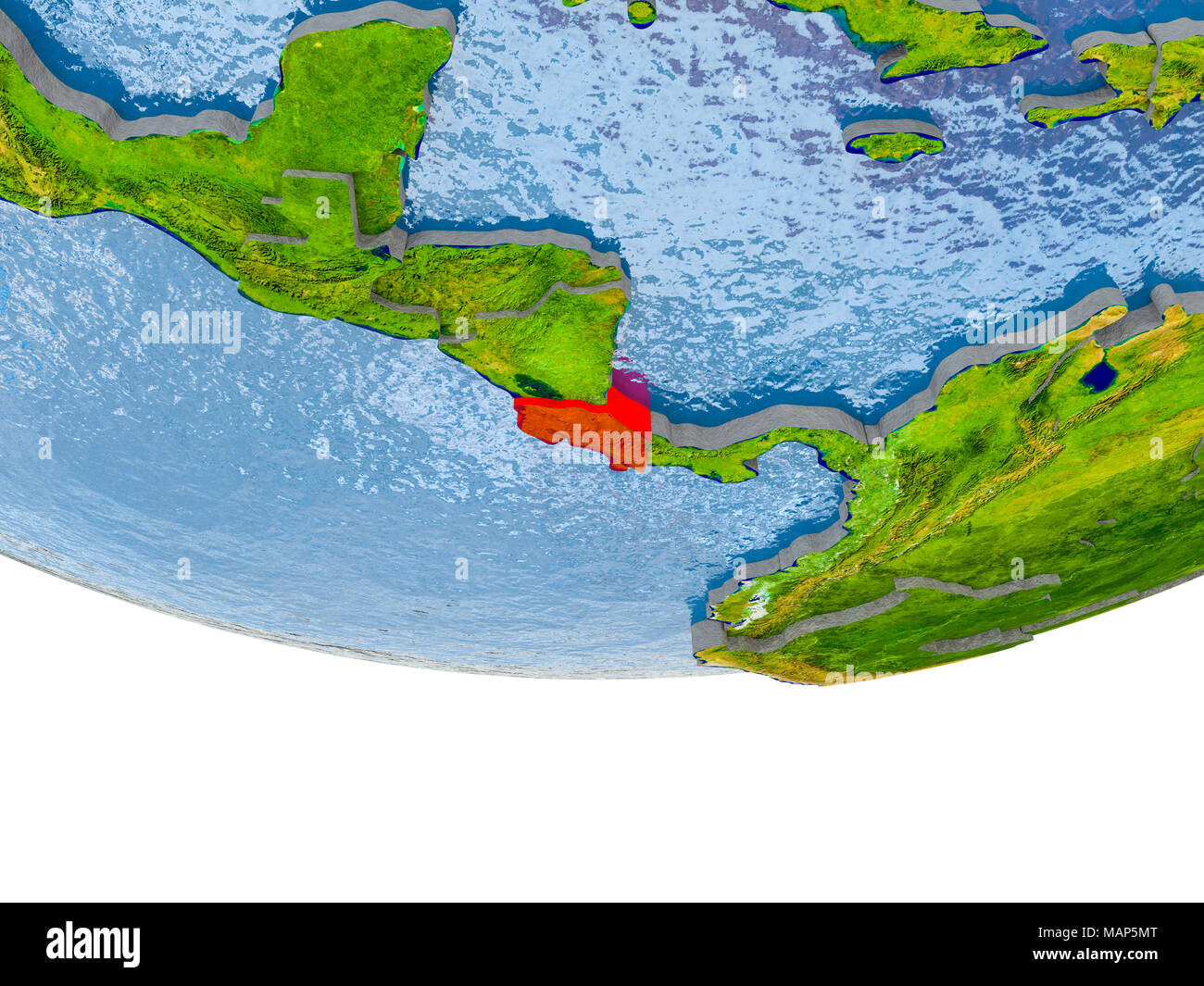 Costa Rica on 3D model of globe with real land surface, visible country ...