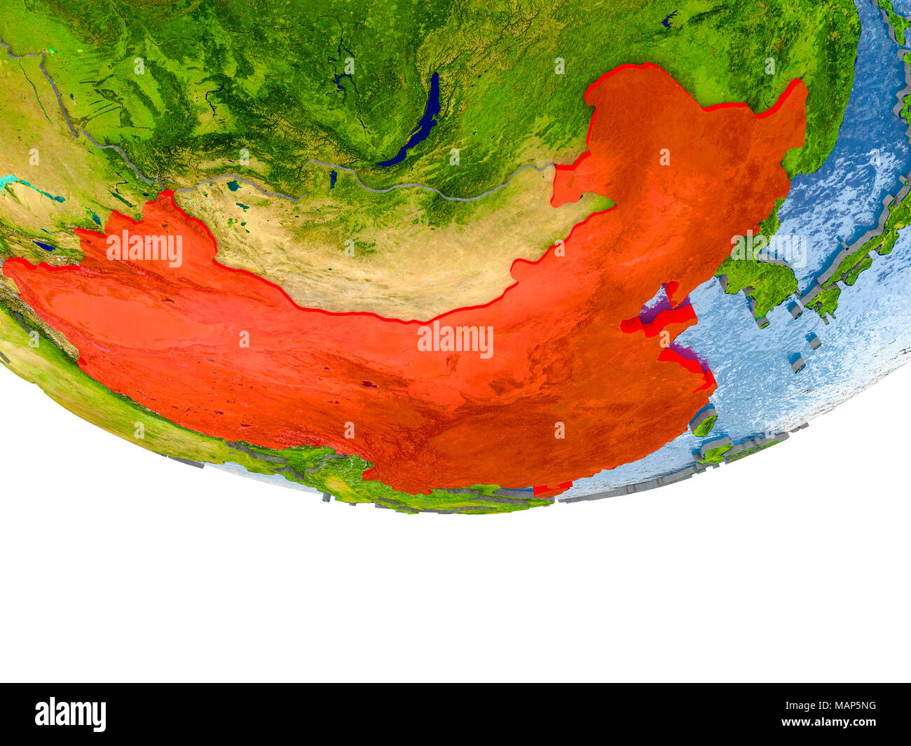 China on 3D model of globe with real land surface, visible country ...