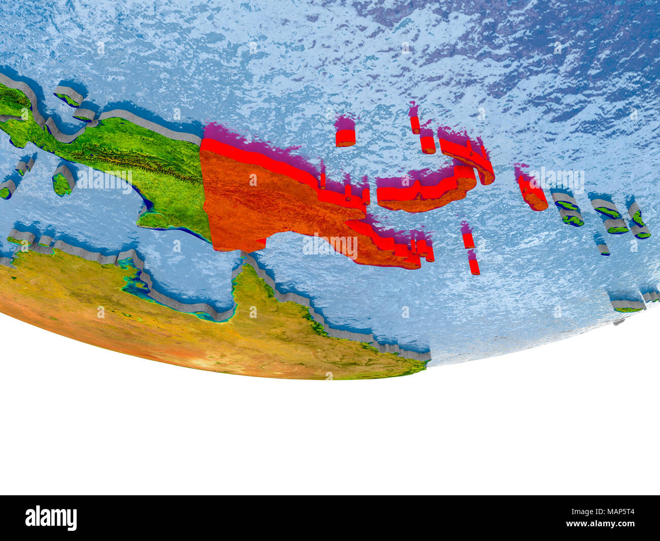 Papua New Guinea on 3D model of globe with real land surface, visible ...