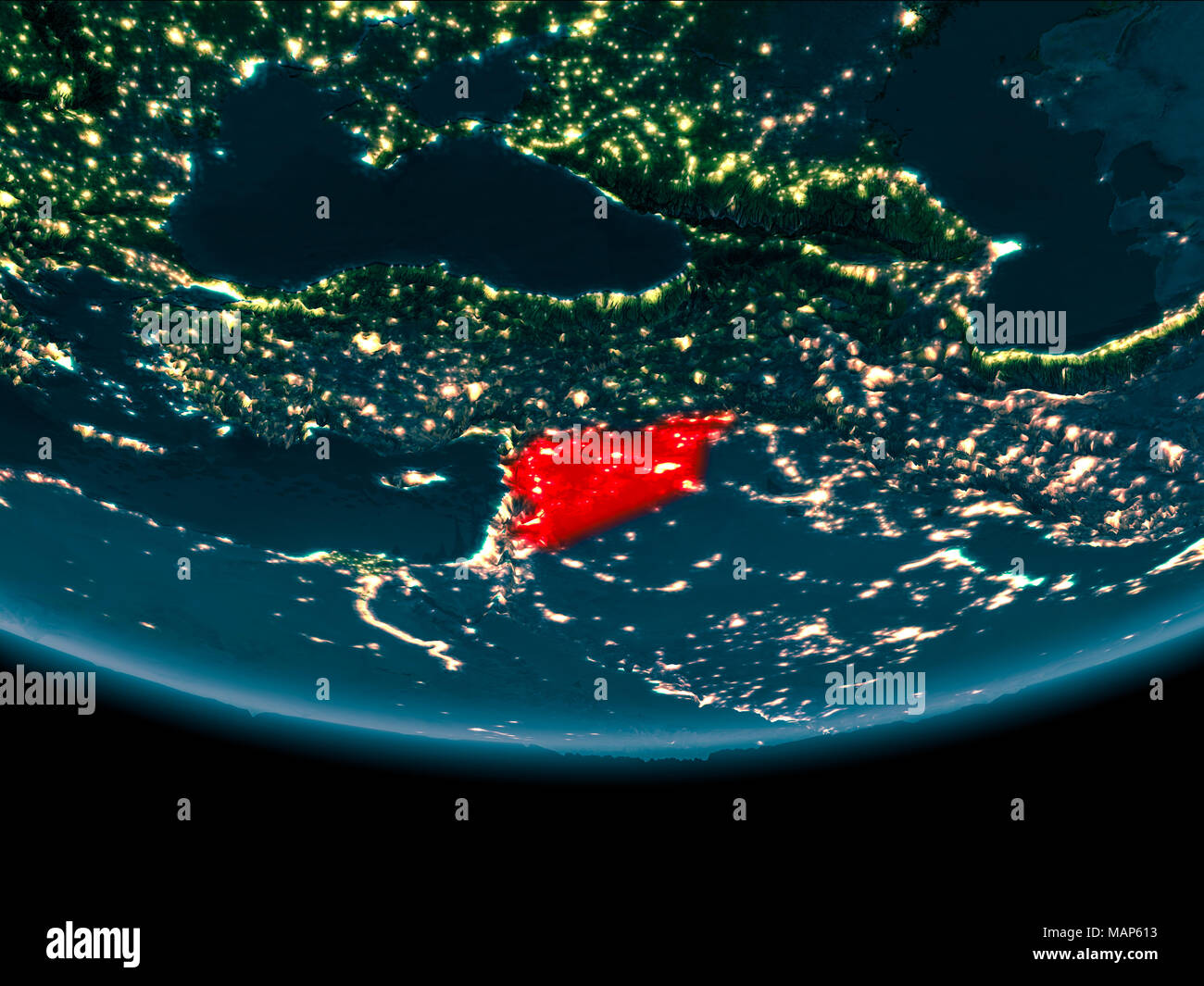 Syria at night highlighted in red on planet Earth. 3D illustration ...