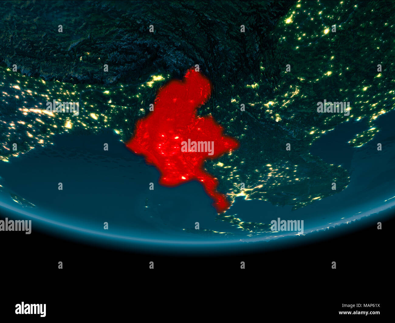 Myanmar at night highlighted in red on planet Earth. 3D illustration ...