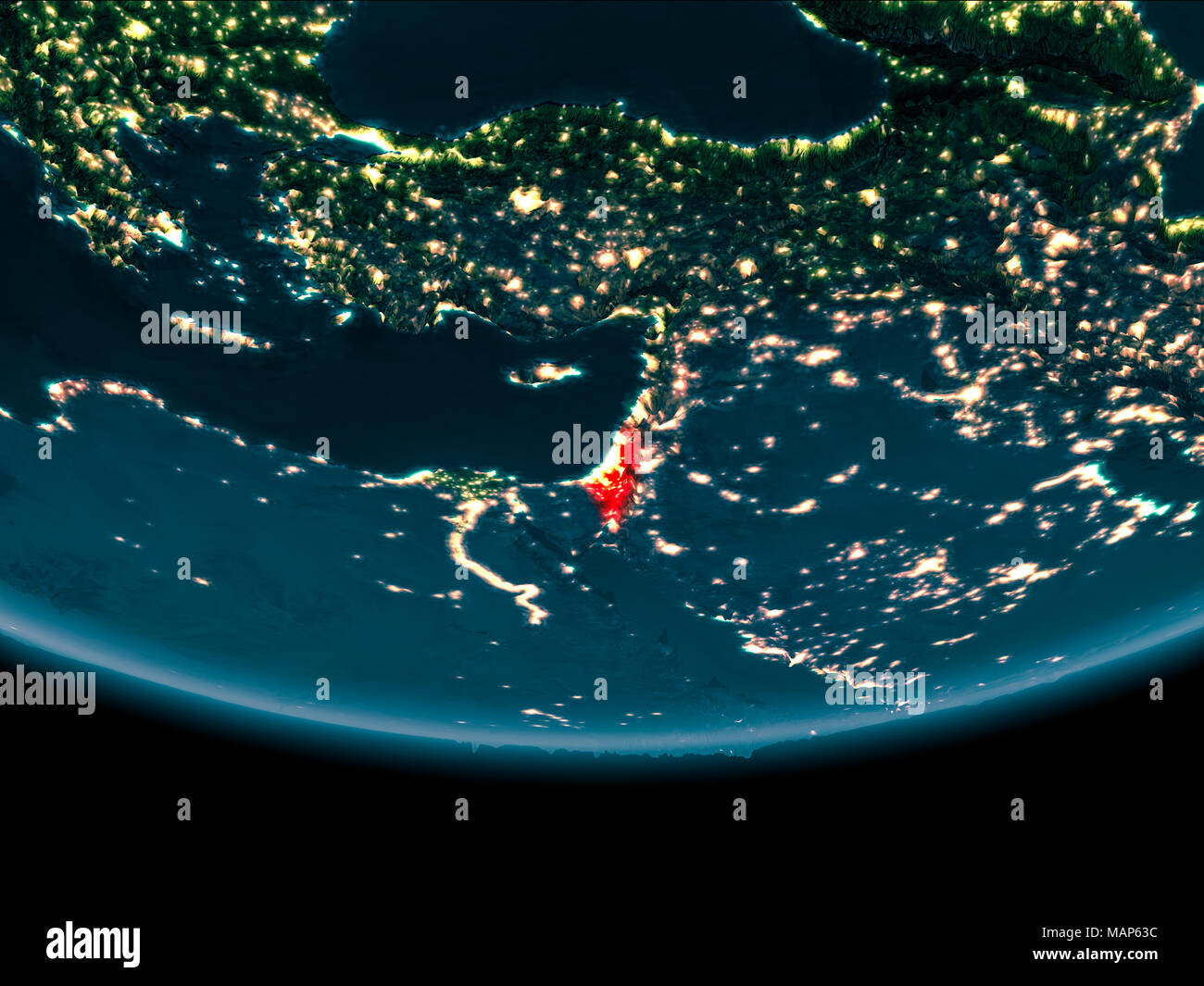 Israel at night highlighted in red on planet Earth. 3D illustration ...
