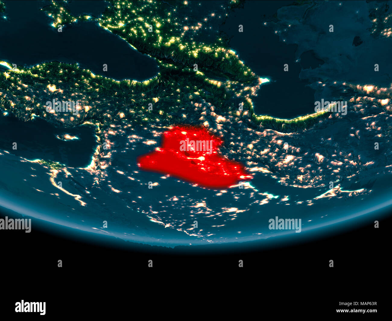 Iraq at night highlighted in red on planet Earth. 3D illustration ...