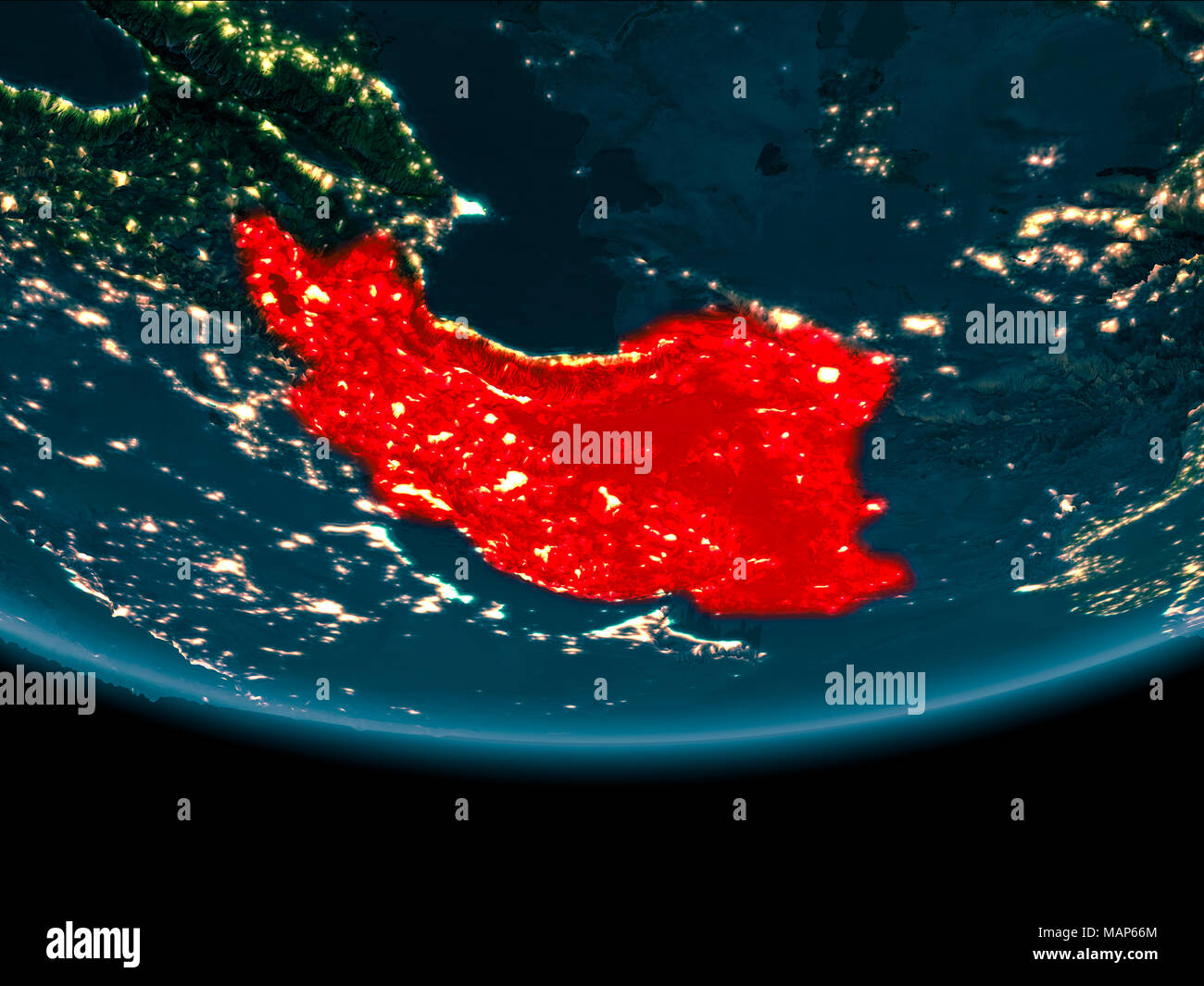 Iran at night highlighted in red on planet Earth. 3D illustration ...