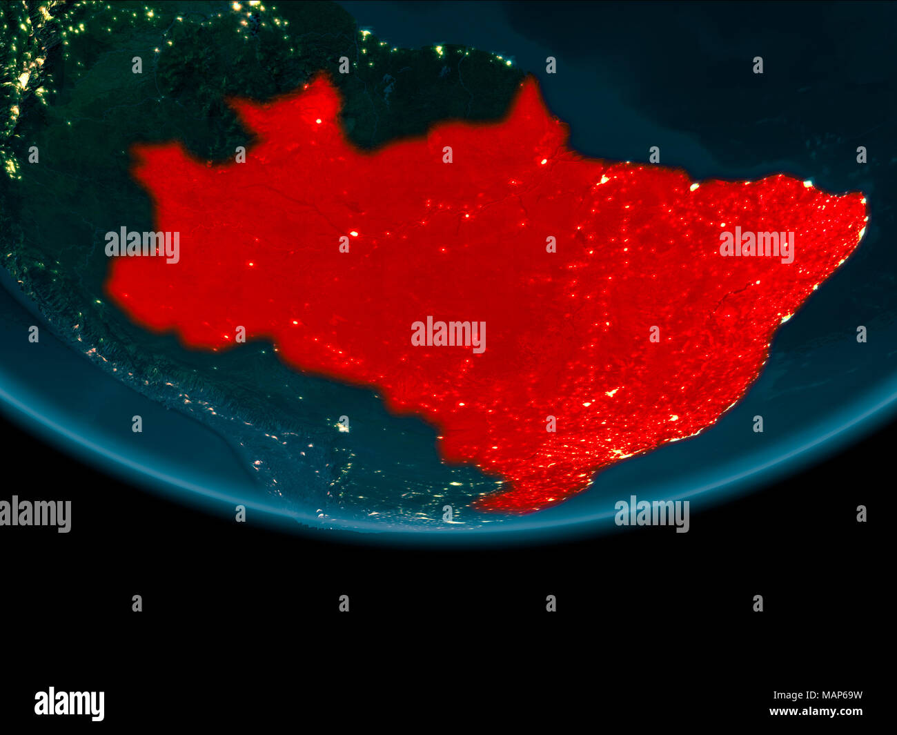 Brazil at night highlighted in red on planet Earth. 3D illustration ...