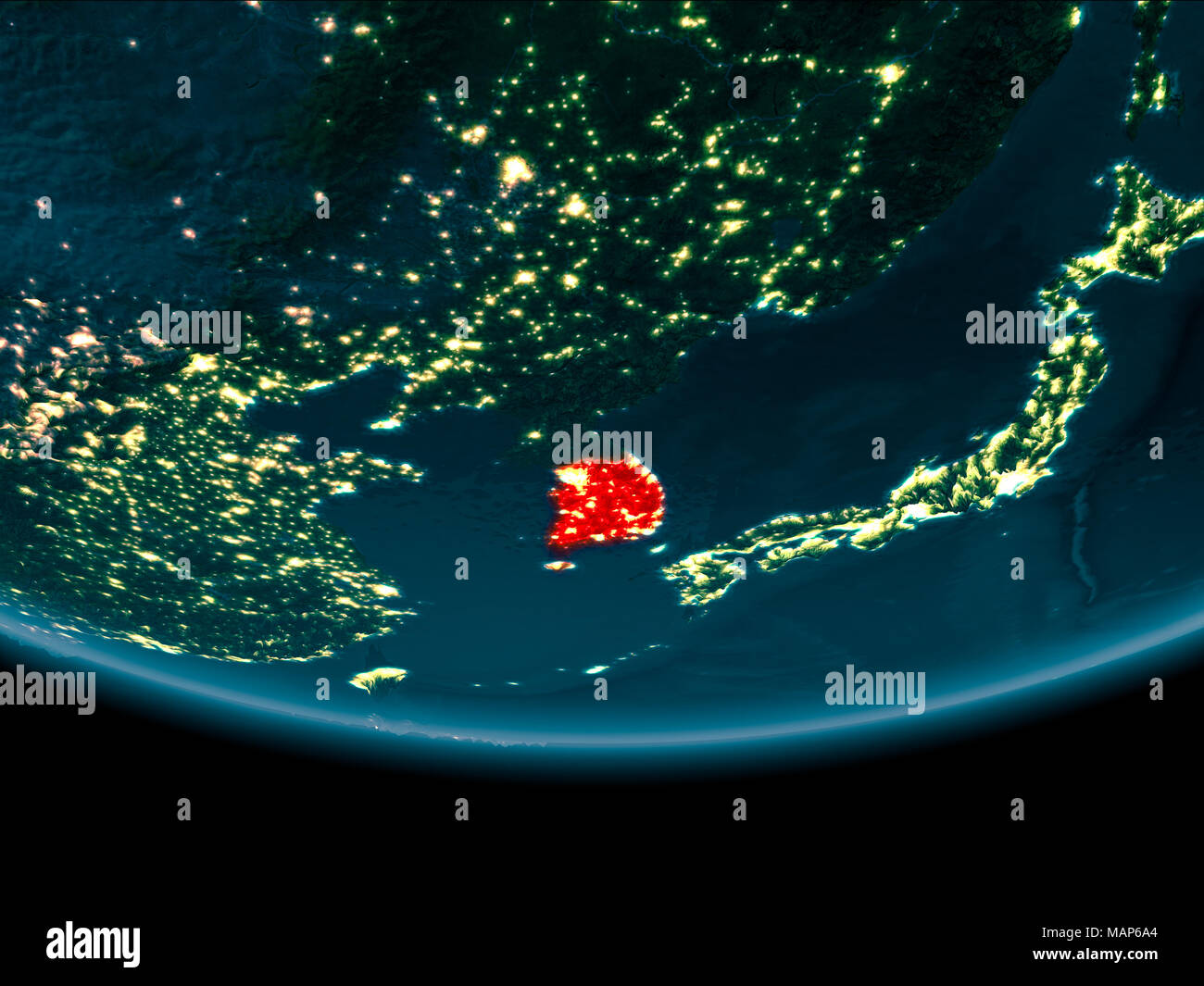 South Korea at night highlighted in red on planet Earth. 3D ...