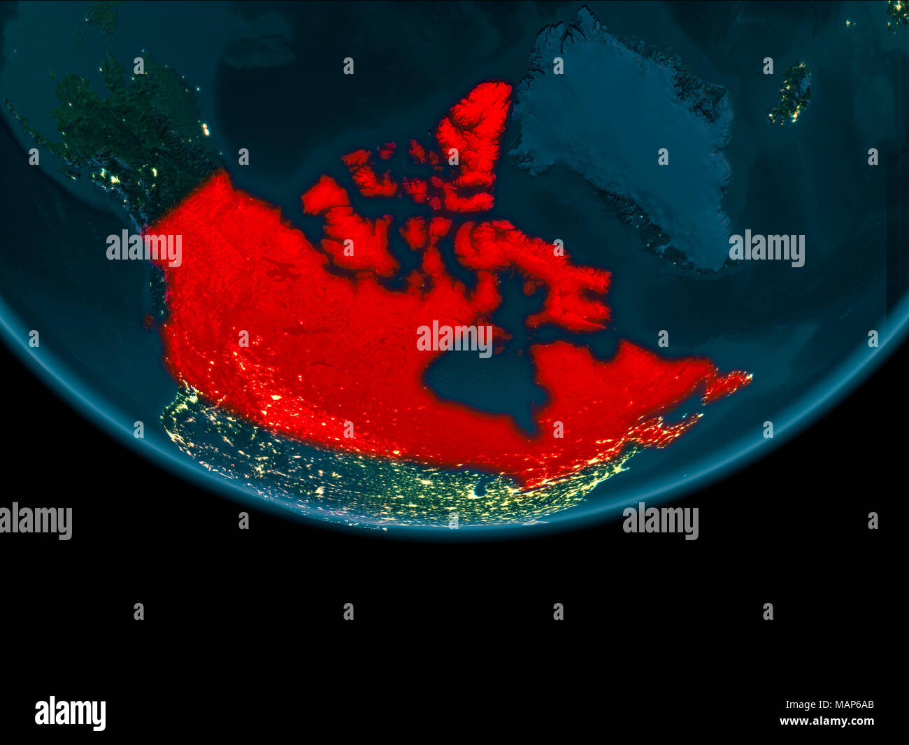 Canada at night highlighted in red on planet Earth. 3D illustration ...