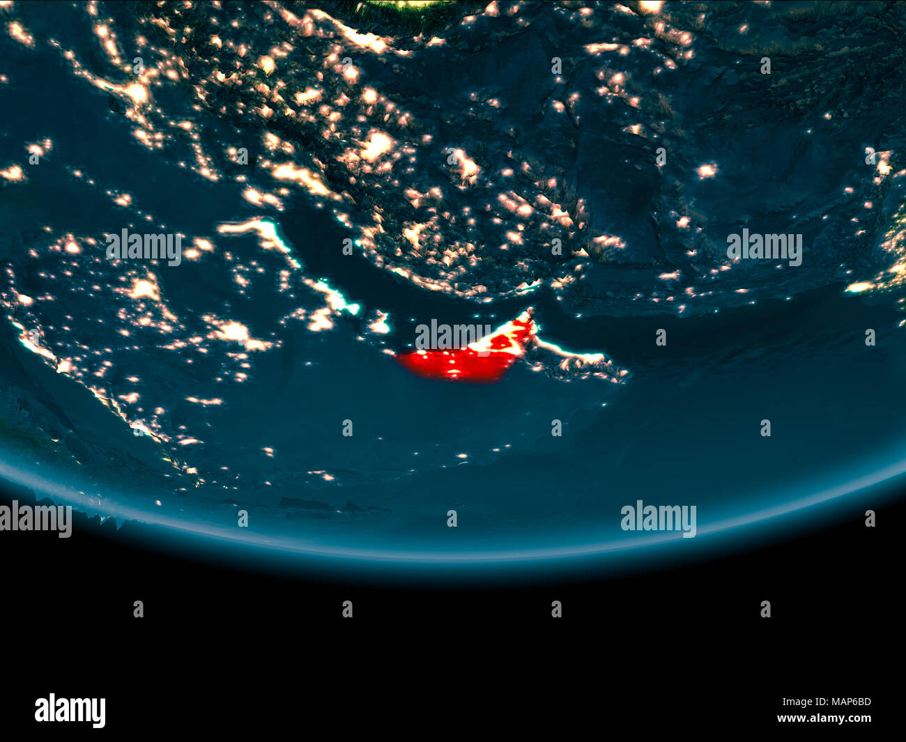 United Arab Emirates at night highlighted in red on planet Earth. 3D ...