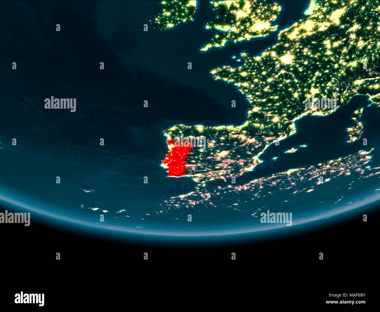 Portugal at night highlighted in red on planet Earth. 3D illustration ...