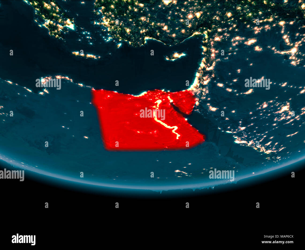 Egypt at night highlighted in red on planet Earth. 3D illustration ...