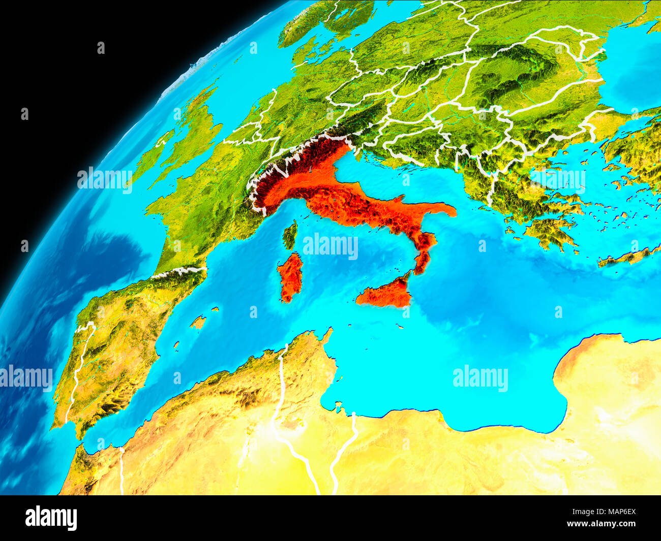 Orbit view of Italy highlighted in red with visible borderlines on ...