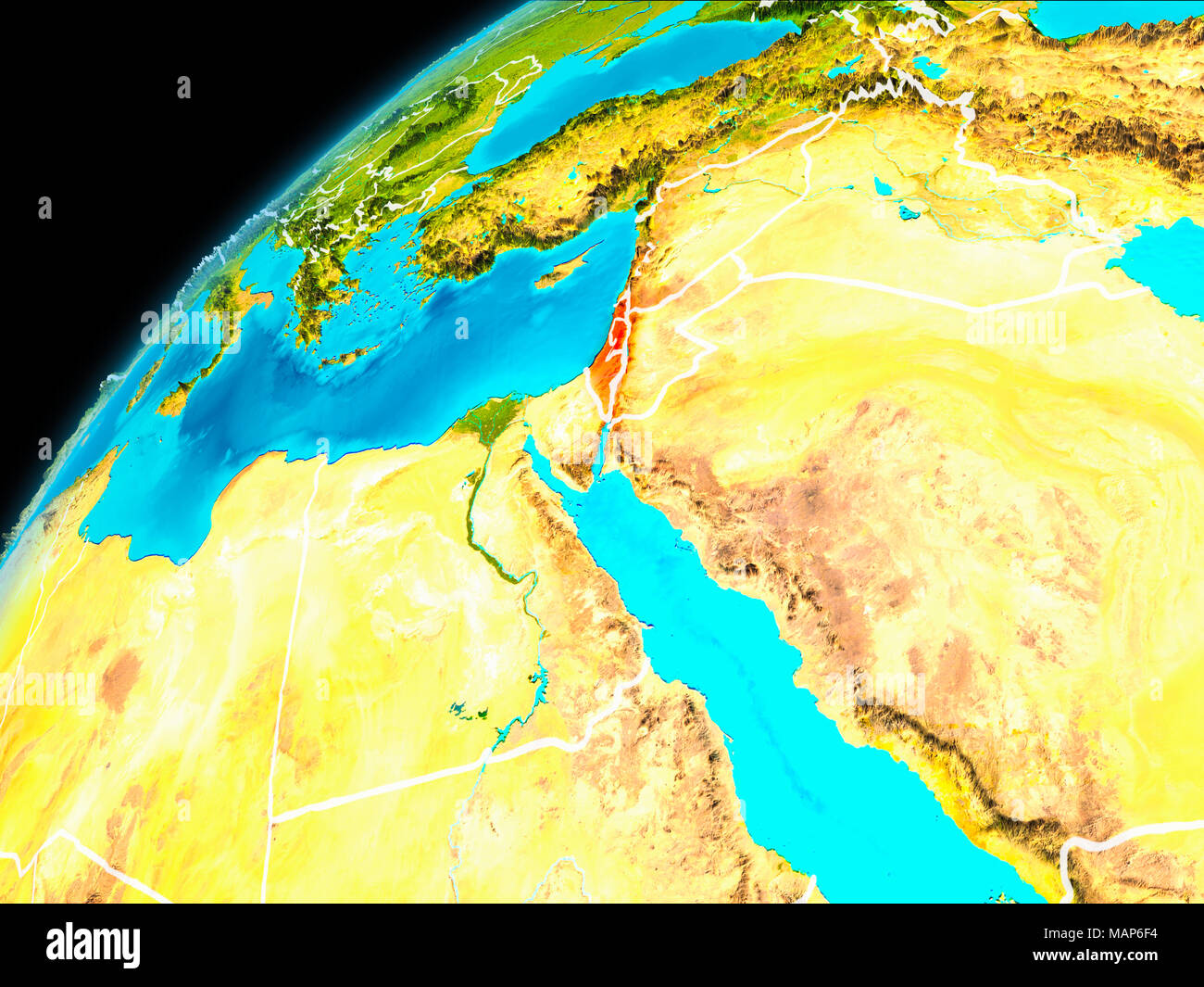 Orbit view of Israel highlighted in red with visible borderlines on planet Earth. 3D ...