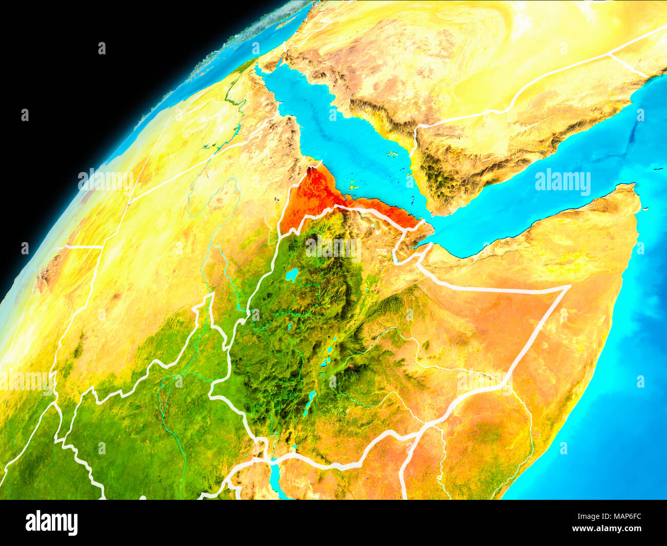 Orbit view of Eritrea highlighted in red with visible borderlines on ...