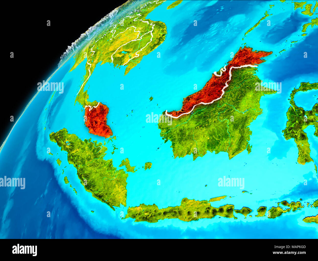 Orbit view of Malaysia highlighted in red with visible borderlines on ...