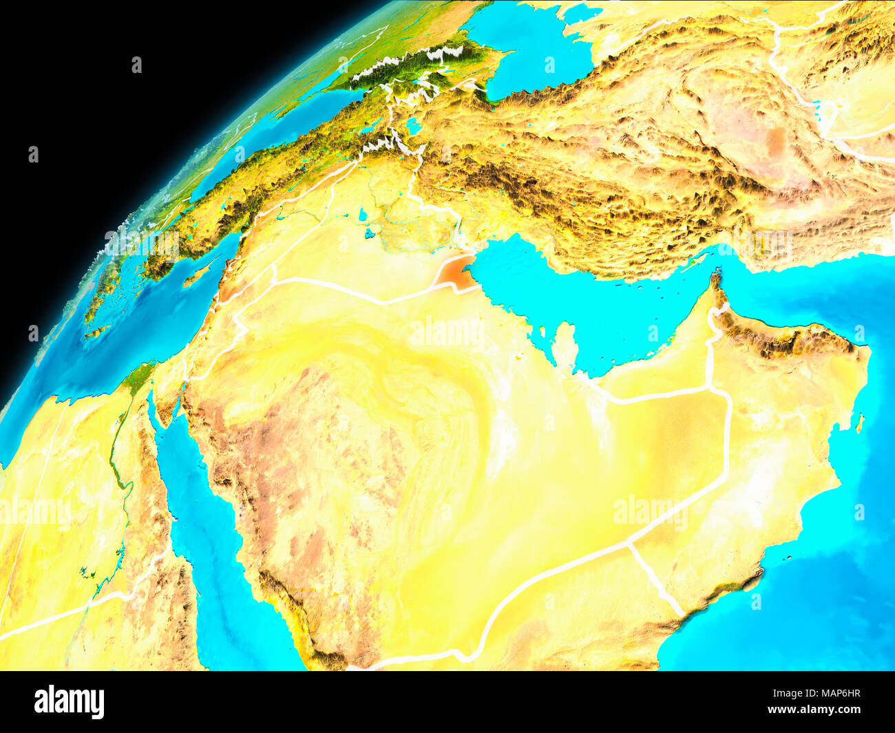 Orbit view of Kuwait highlighted in red with visible borderlines on planet Earth. 3D ...