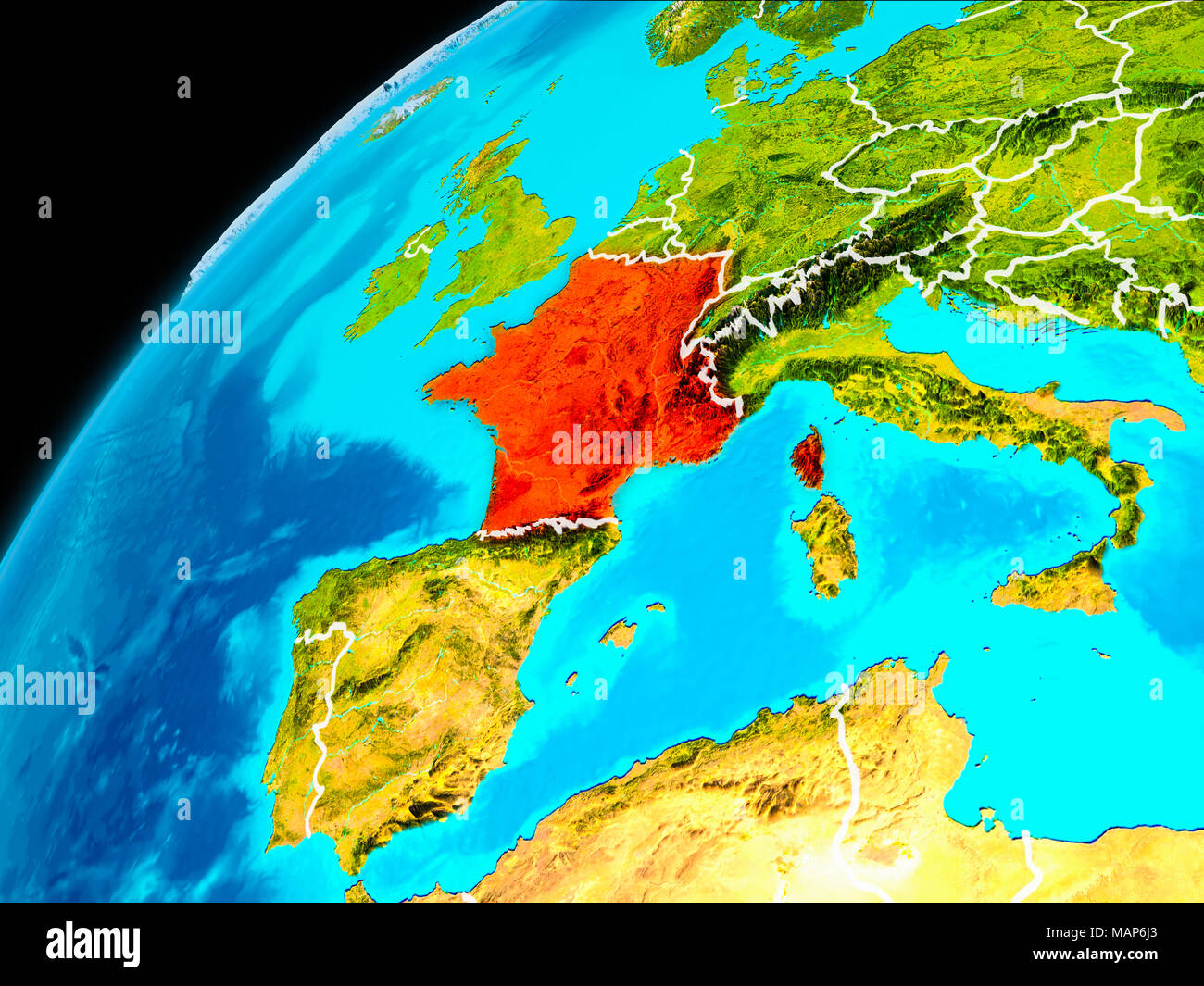 Orbit view of France highlighted in red with visible borderlines on ...