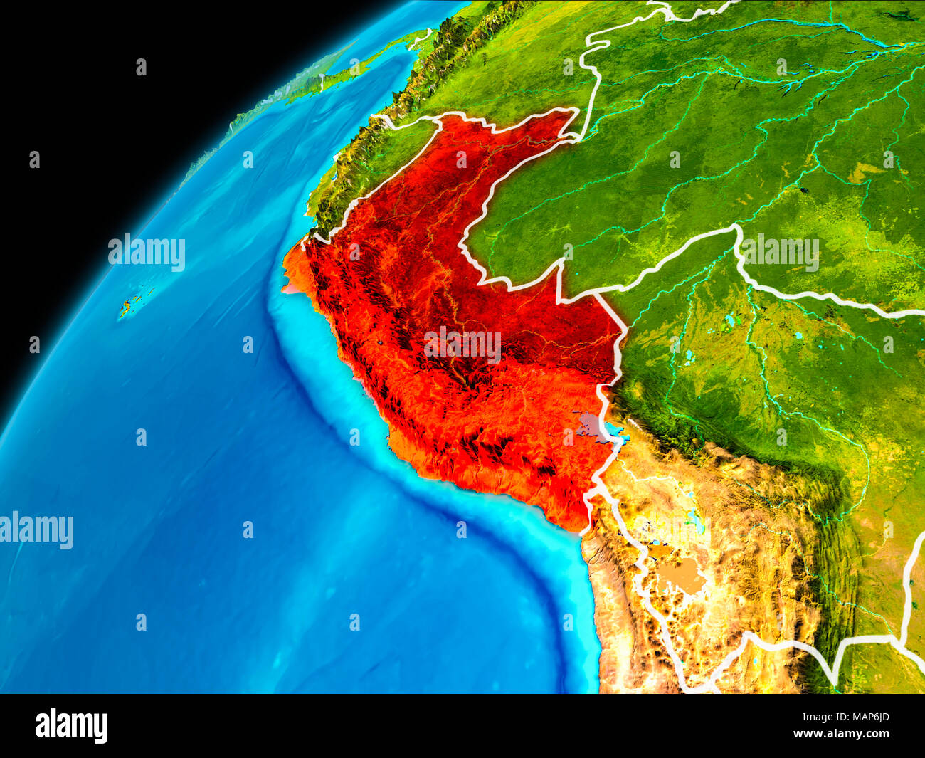 Orbit view of Peru highlighted in red with visible borderlines on planet Earth. 3D illustration ...