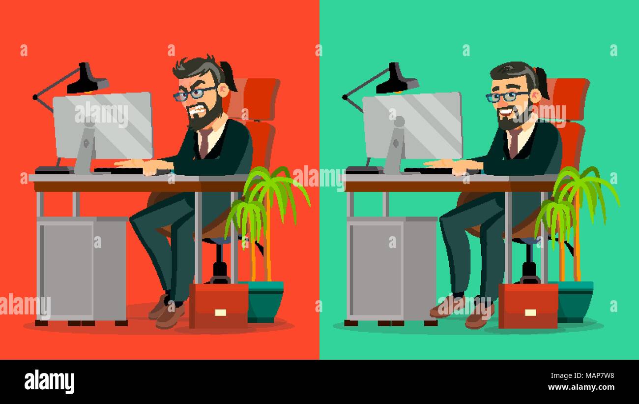 Stressed Out Boss Vector. Bearded CEO Working At Office. Stressful Work ...