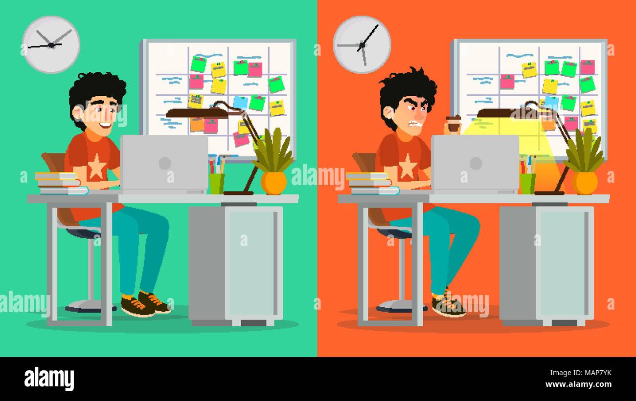 Stressed Out Man Vector. Young Coder Working At Office. Stressful Work ...