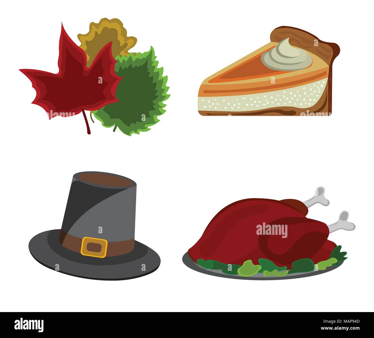 Set of Thanksgiving Day: Turkey, Hat, Pumpkin pie, Leaf icon. Cartoon ...
