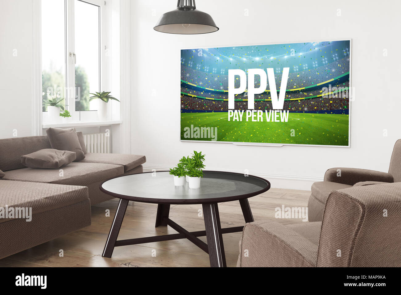 modern panoramic smart tv on a 3d rendering living room with pay per ...