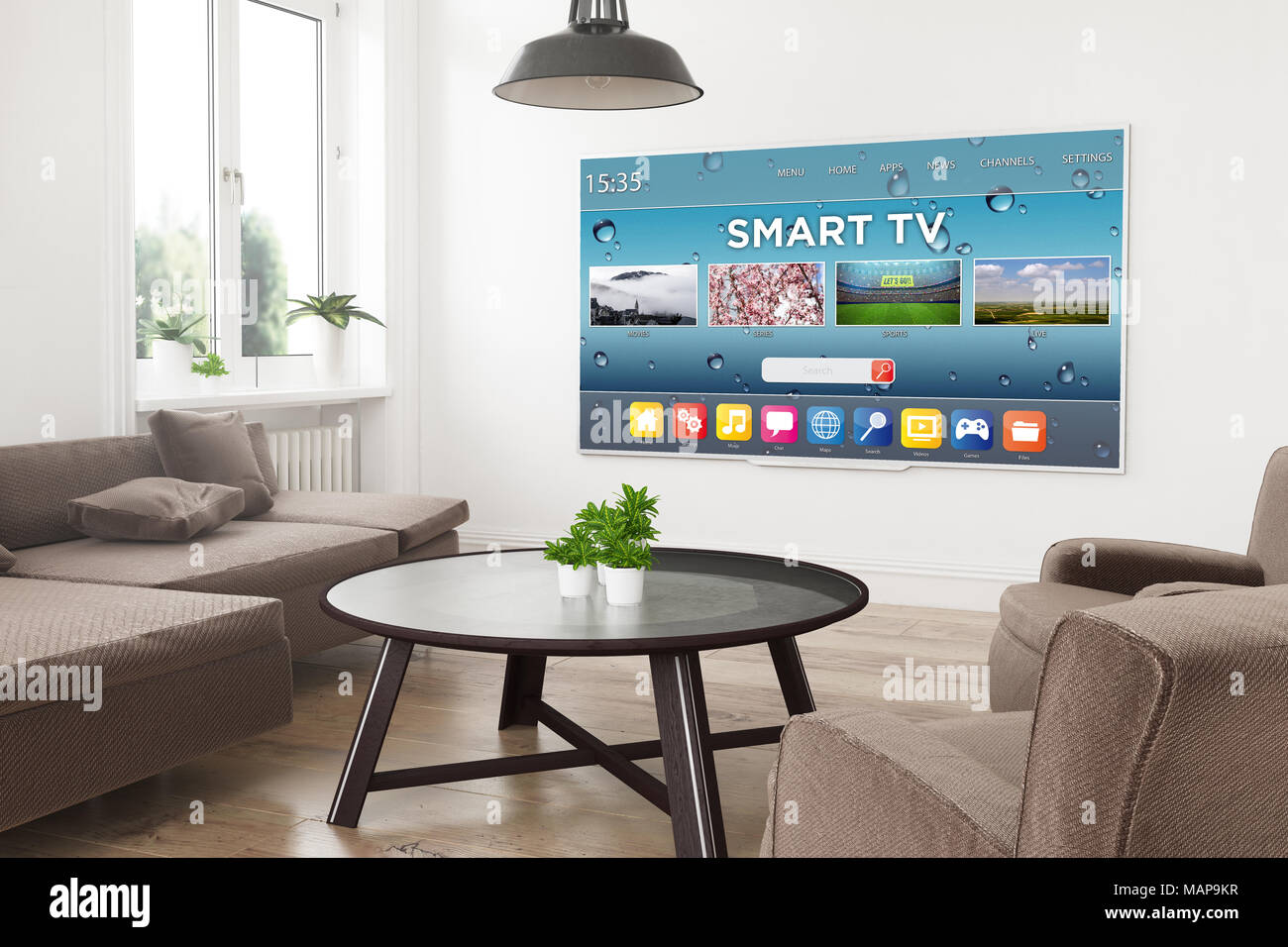 modern panoramic smart tv on a 3d rendering living room with smart tv ...