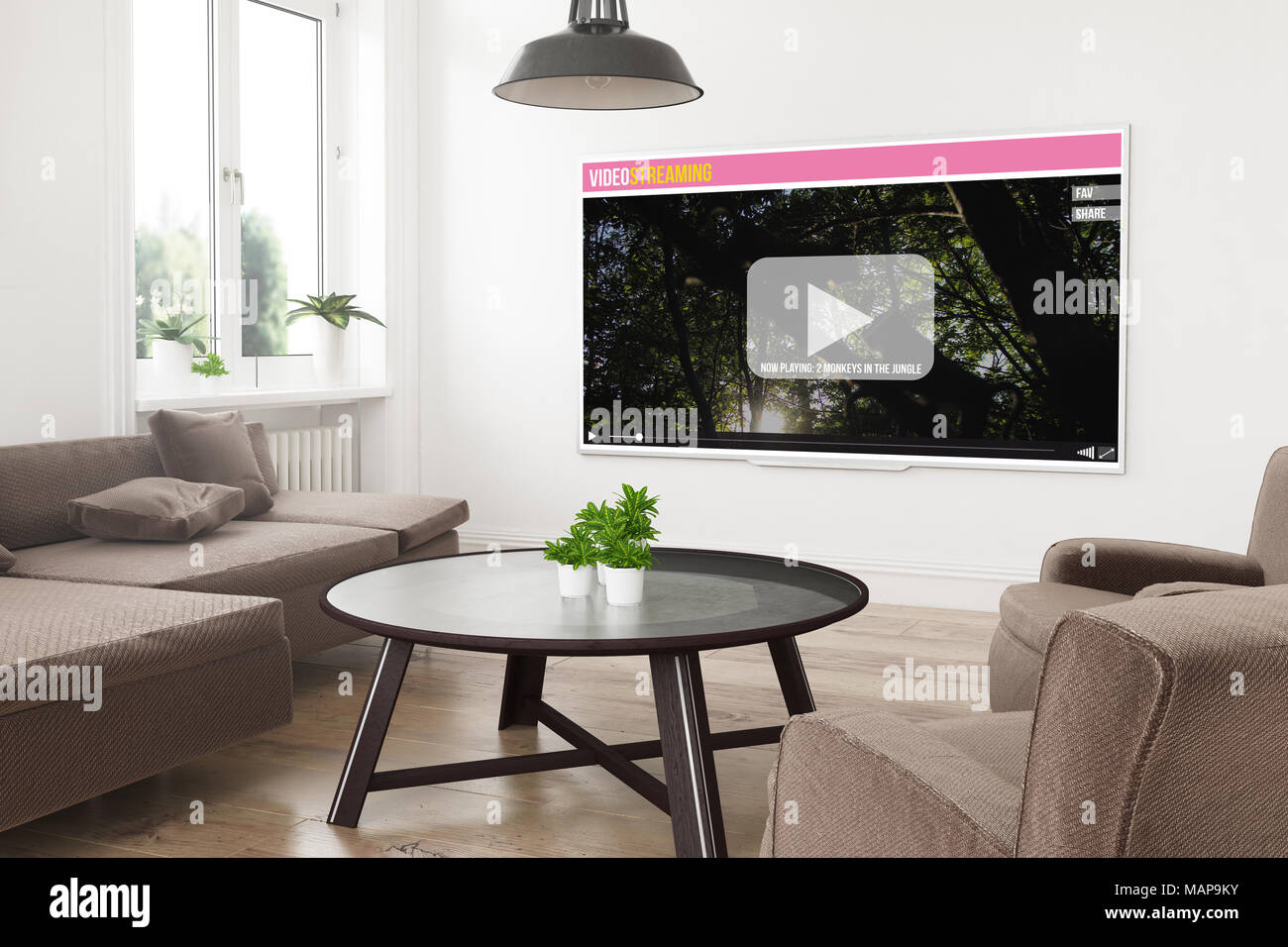 modern panoramic smart tv on a 3d rendering living room with video ...