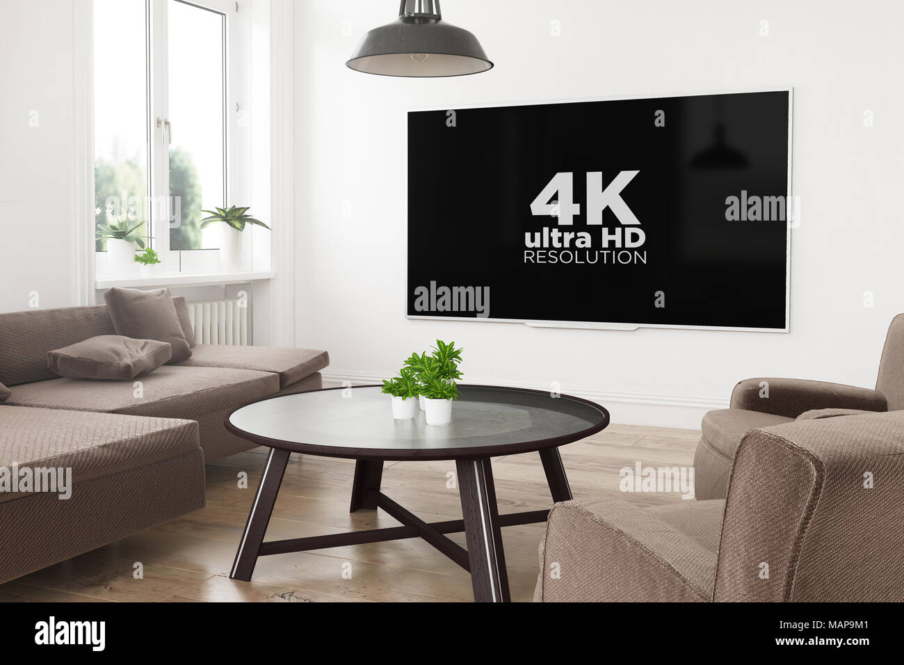 modern panoramic smart tv on a 3d rendering living room with 4k on ...