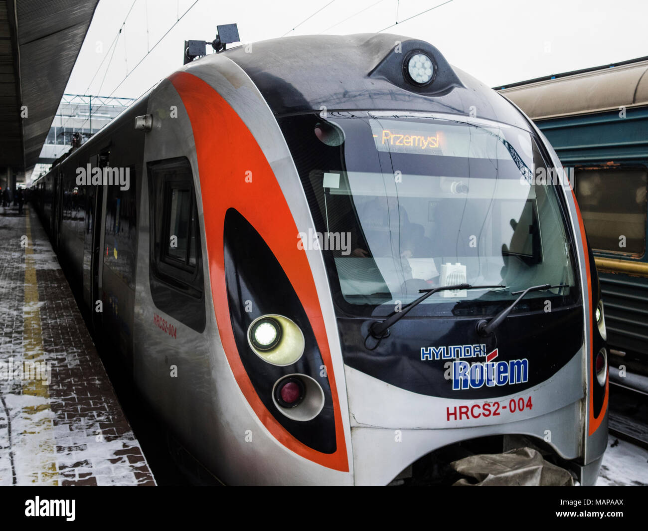 High-speed train, following the route Kiev, Ukraine - Peremyshl, Poland ...