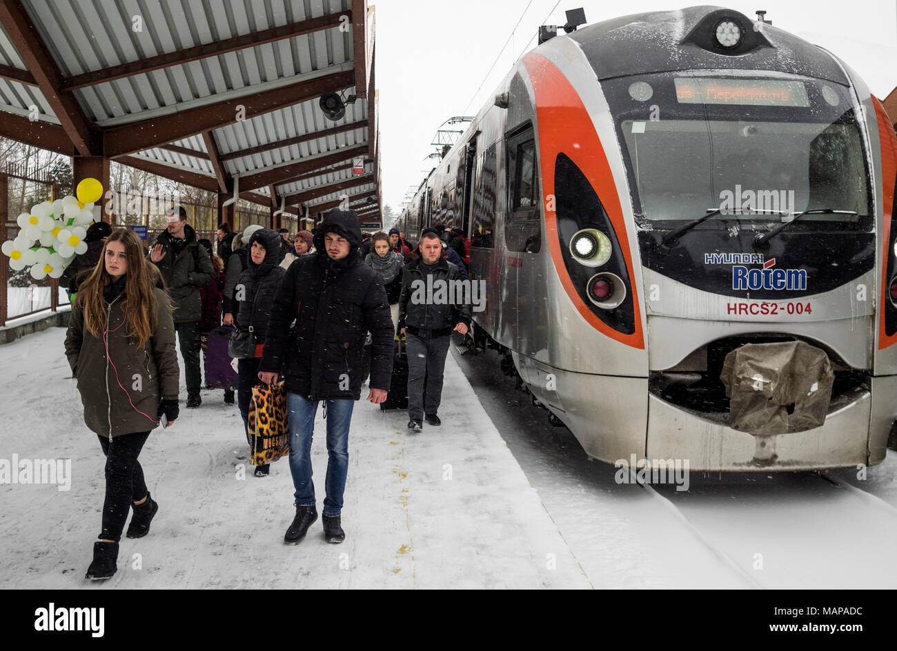High-speed train, following the route Kiev, Ukraine - Peremyshl, Poland ...