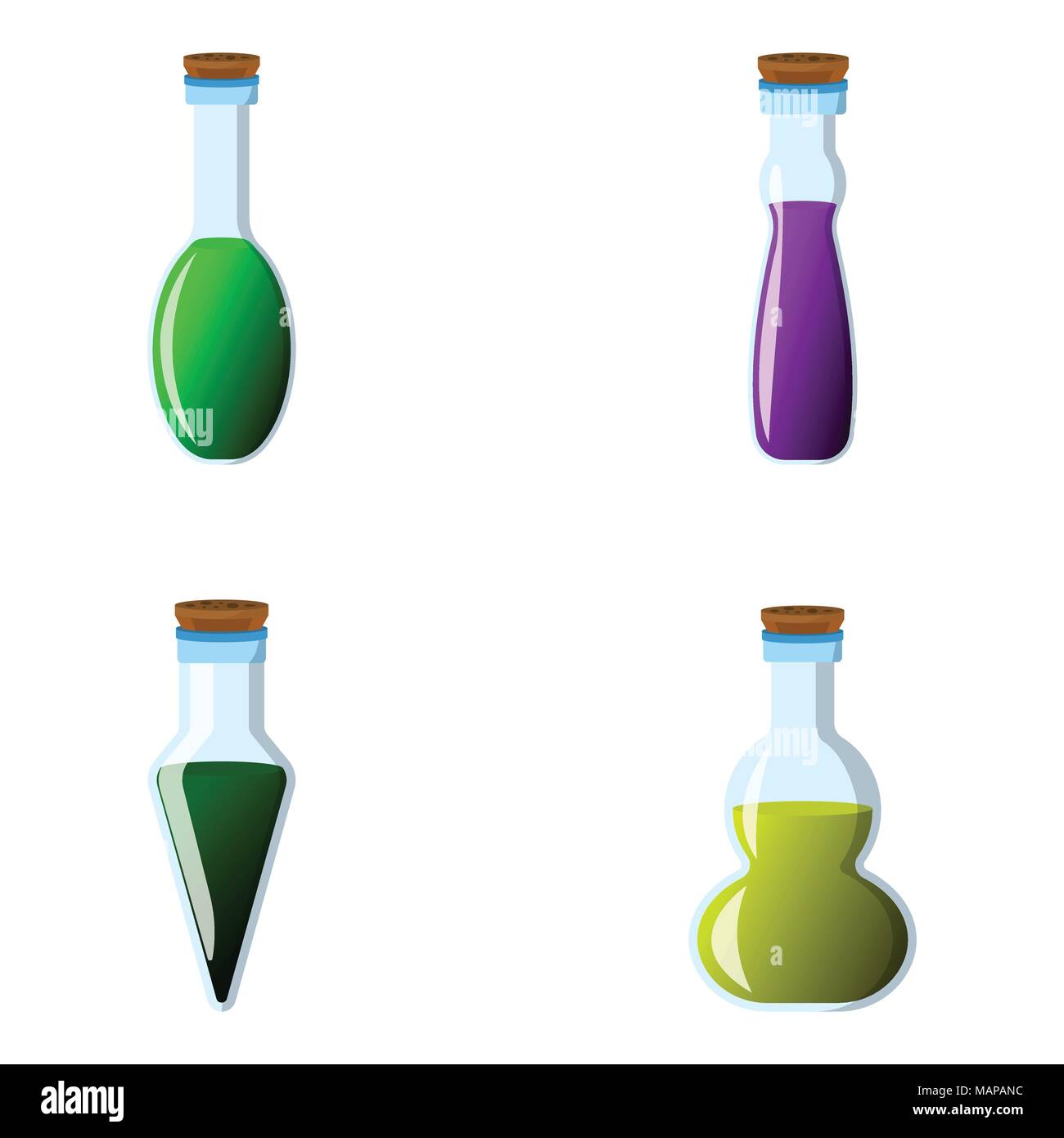 Set of flask and bottle icon. Label of fantasy potion and elixir ...
