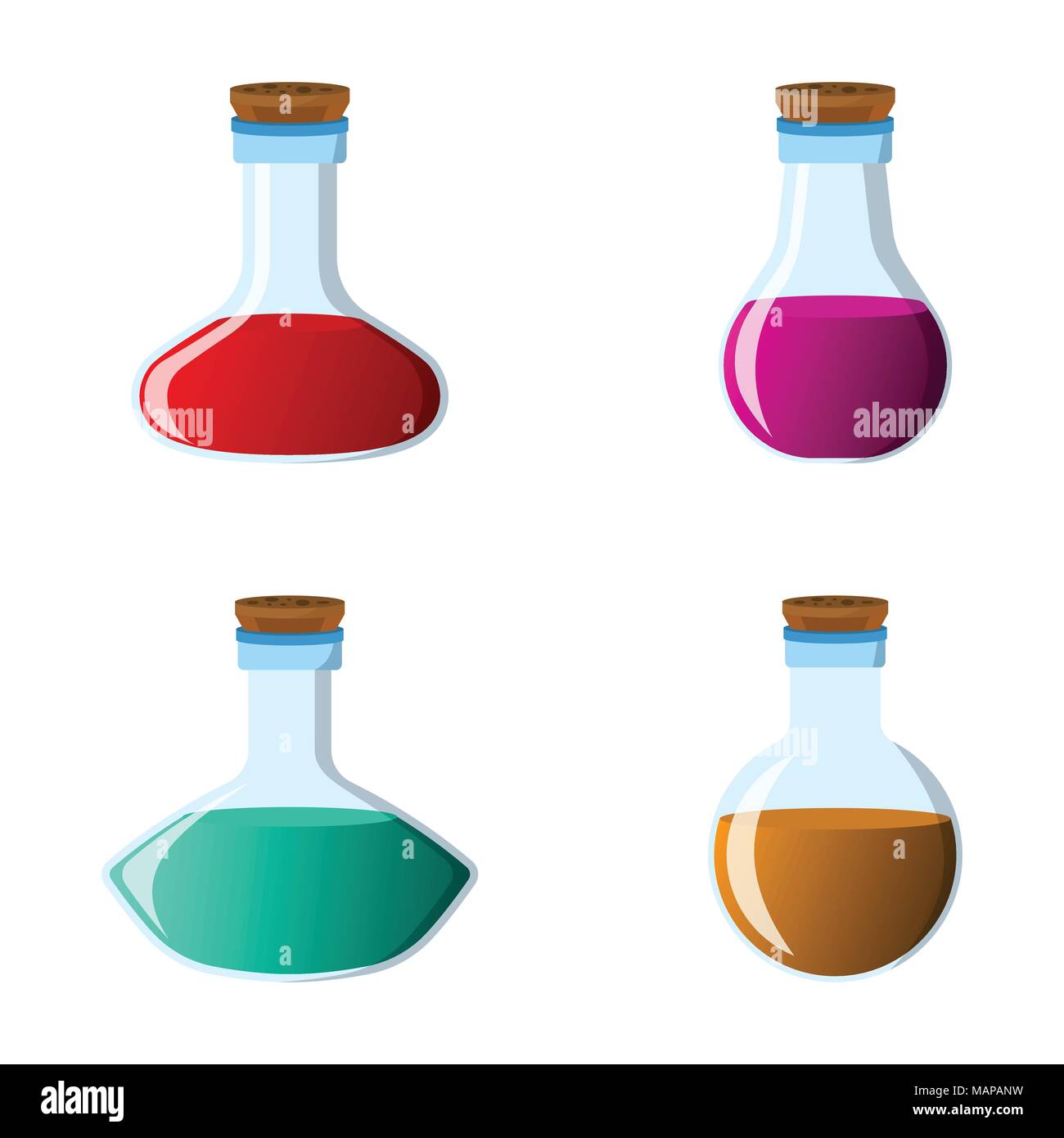 Set of flask and bottle icon. Label of fantasy potion and elixir ...
